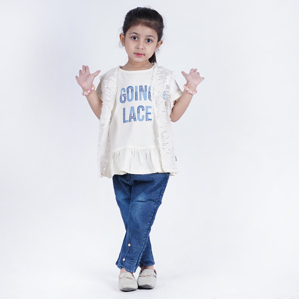 Girls Fancy 3pc Top with Chiffon Coat & Denim Jeans – ChulBulay